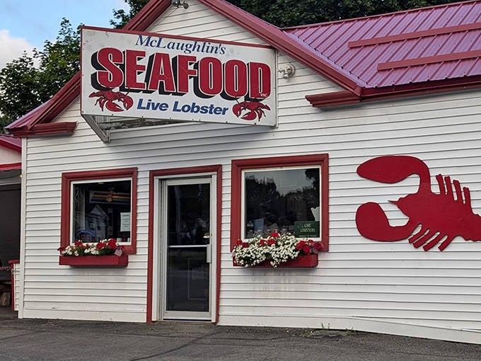 The iconic McLaughlin's sign promises exactly what Maine visitors crave: fresh seafood and live lobster, no frills necessary.