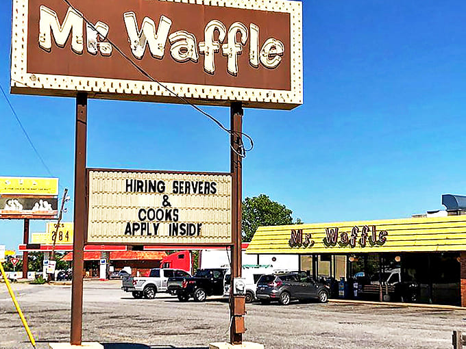 The classic roadside sign for Mr. Waffle has guided hungry travelers and locals alike to this unpretentious diner oasis for generations.
