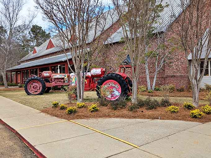 Spring flowers and vintage farm equipment create the perfect rustic welcome mat for a place where calories don't count and second helpings are mandatory.