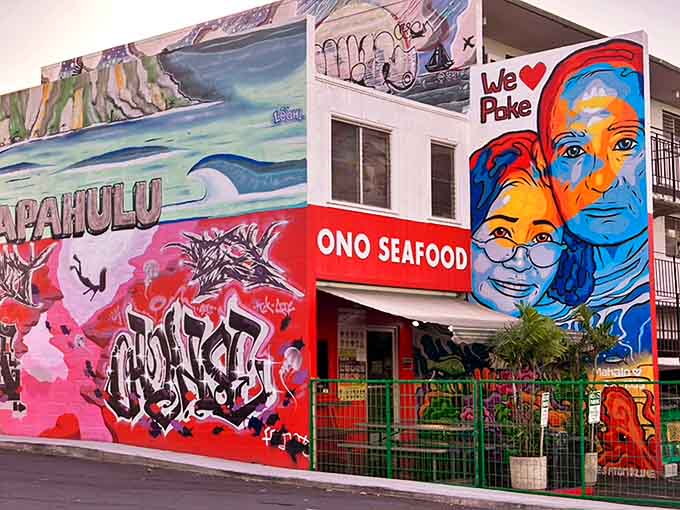The colorful murals adorning Ono Seafood's exterior aren't just Instagram bait&mdash;they're a local landmark announcing "We ❤️ Poke" to hungry passersby on Kapahulu Avenue.