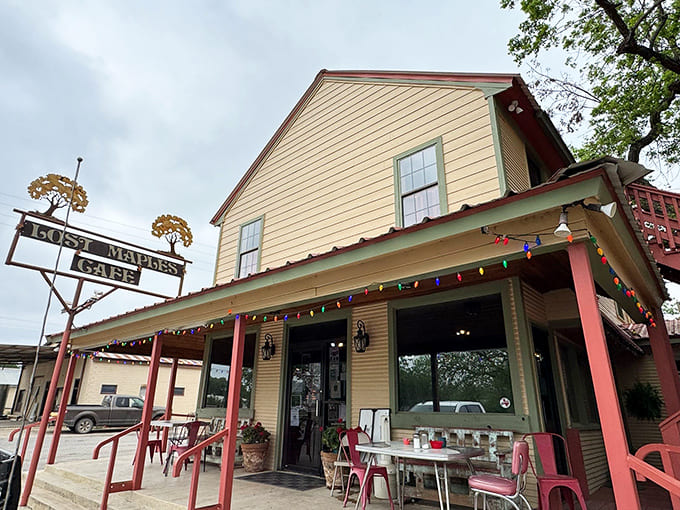 Colorful string lights adorn the porch of this Hill Country gem, where Texas comfort food traditions are lovingly preserved.