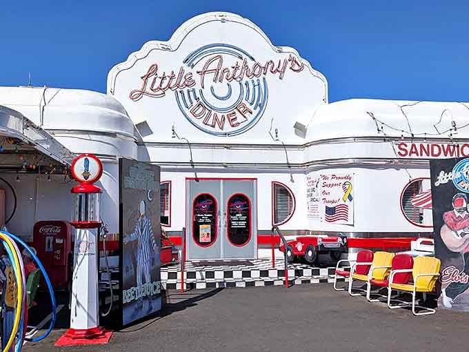 Those vintage gas pumps aren't functional, but they perfectly fuel the nostalgia that makes Little Anthony's more than just another roadside eatery.