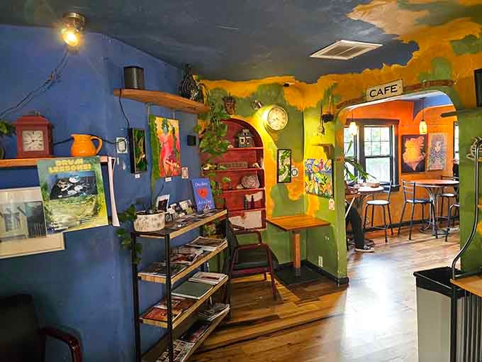 Step inside and suddenly you're in Frida Kahlo's dream sequence &ndash; walls swirling with blues, greens, and sunset oranges that make beige coffee shops weep.