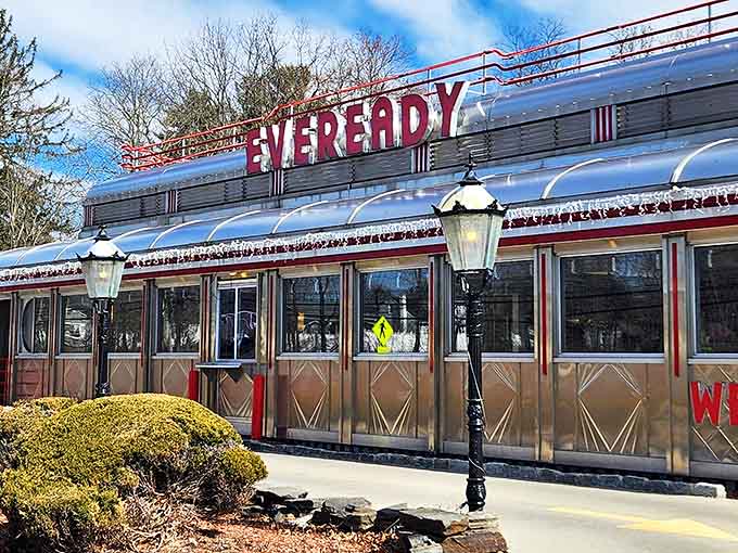 The gleaming stainless steel exterior of Eveready Diner shines like a beacon of hope for hungry travelers. Classic Americana at its finest.