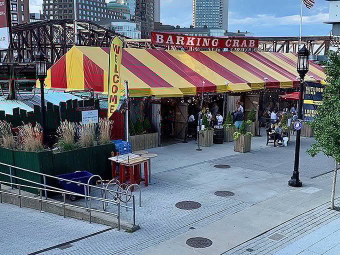 The circus-like tent beckons hungry passersby with its red and yellow stripes&mdash;seafood's answer to the big top, minus the clowns but with plenty of characters.