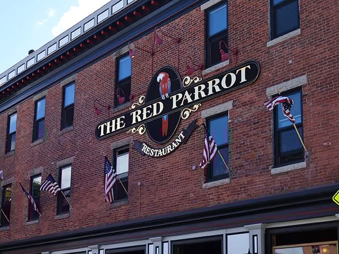The iconic brick fa&ccedil;ade of The Red Parrot stands proudly on Thames Street, a beacon for hungry souls navigating Newport's historic district.