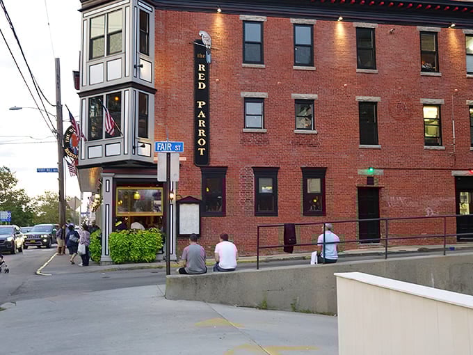 The iconic brick fa&ccedil;ade of The Red Parrot stands proudly on Thames Street, a beacon for hungry souls navigating Newport's historic district.