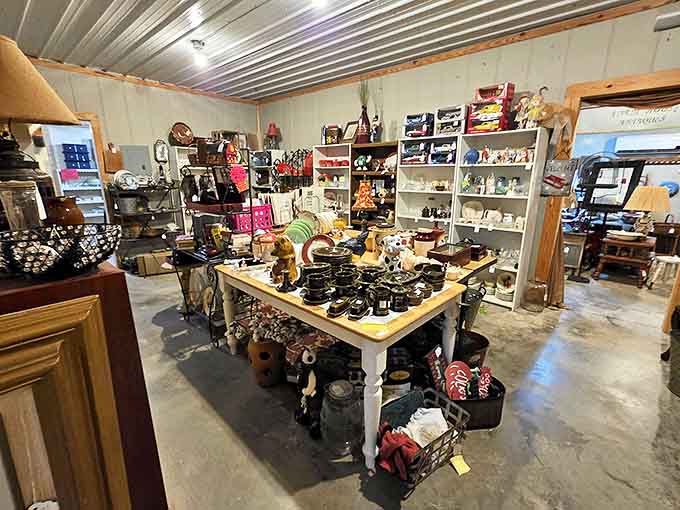 Tables piled high with treasures await exploration at Highway Pickers, where yesterday's cast-offs become tomorrow's conversation pieces.