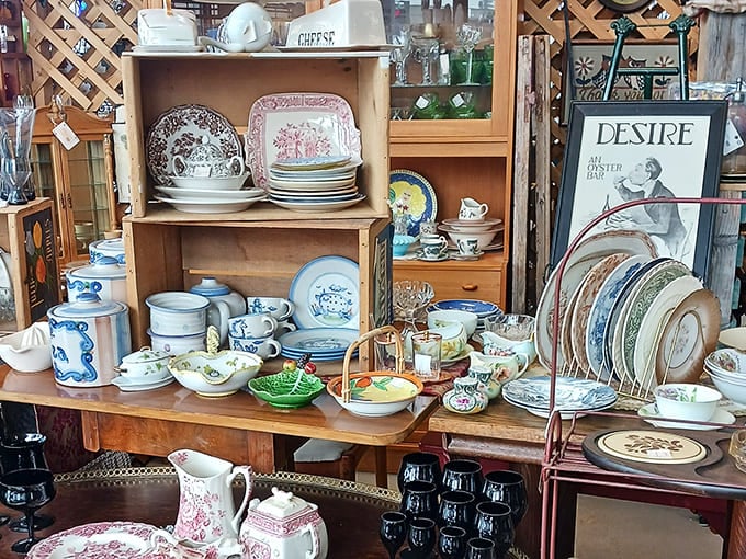 Vintage china paradise! Delicate patterns and colorful dishware create a collector's dream of bygone dinner parties and Sunday brunches.