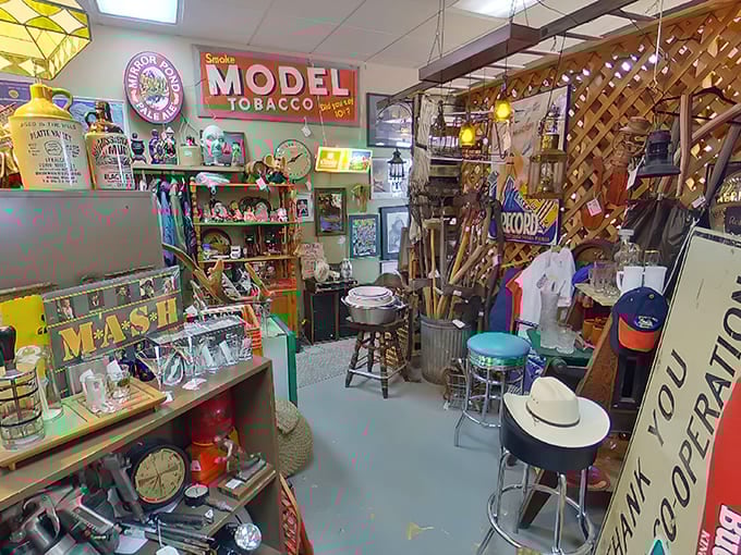 Nostalgic advertising treasures and Americana fill this cozy corner where vintage signs and collectibles tell stories of Alaska's past.