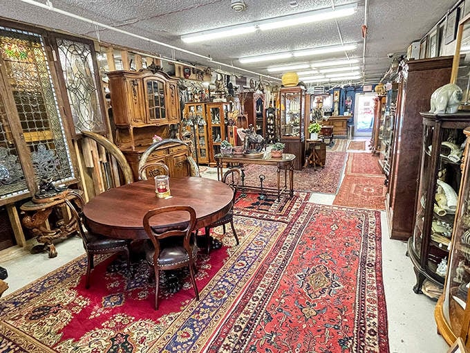 Oriental rugs create elegant pathways through Duane's interior, where Victorian furniture and curated displays invite visitors to step back in time.