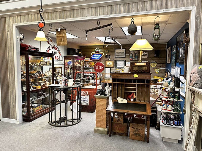 This booth is what happens when nostalgia gets organized. Vintage signs and wooden crates telling stories from another era.