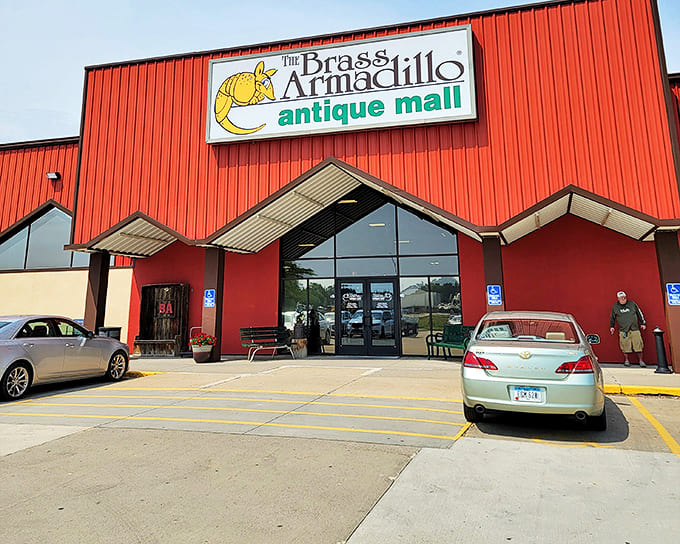 The bright red exterior of Brass Armadillo stands like a beacon for treasure hunters&mdash;architectural proof that good things come in armored packages.