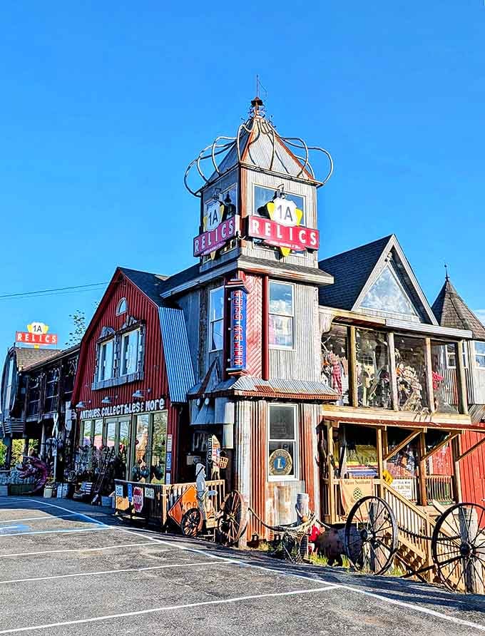 The iconic red barn exterior of 1A Relics stands like a beacon for treasure hunters. Maine's answer to Ali Baba's cave, minus the thieves and plus the friendly faces.