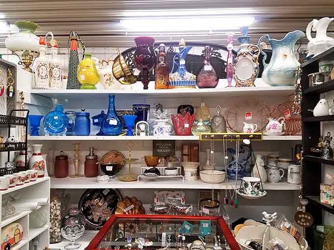 Shelves bursting with colorful glassware and ceramics &ndash; a kaleidoscope of history where your grandmother's china might be waiting to come home.