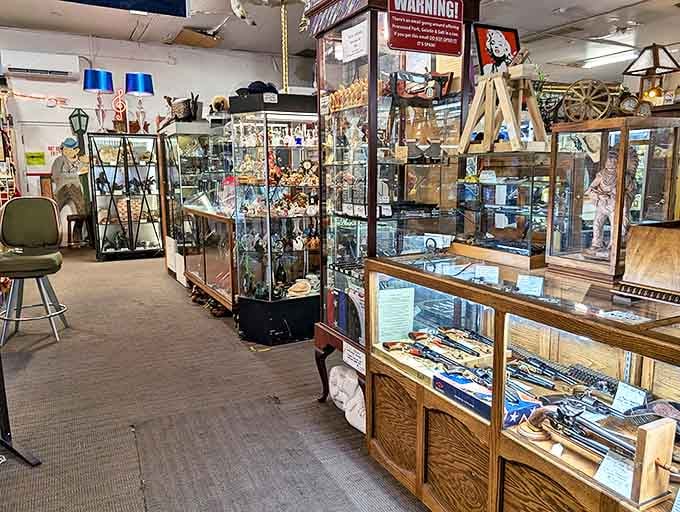 Display cases that could tell a thousand stories. Each glass cabinet houses miniature worlds of collectibles, from military memorabilia to delicate figurines.