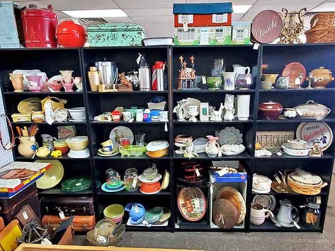 Colorful kitchenware from decades past fills these shelves&mdash;each piece telling its own story of family dinners and celebrations.