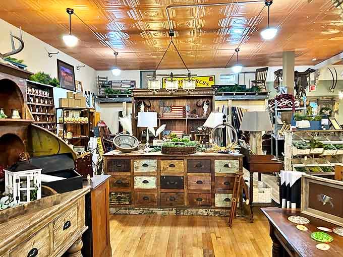 That spectacular pressed tin ceiling watches over vintage treasures packed into every corner of this antique lover's paradise in Laramie.