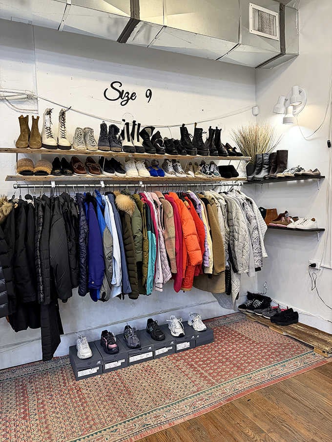 Size 9 heaven! This meticulously organized corner showcases the shop's commitment to order&mdash;where winter coats and boots await their perfect match.
