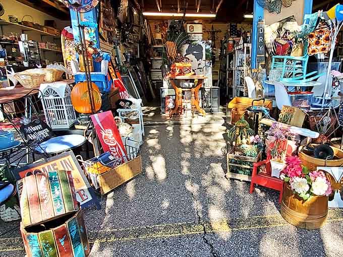 A vendor's stall overflows with eclectic treasures&mdash;from musical instruments to home decor&mdash;showcasing the delightful chaos that makes flea market hunting so addictive.