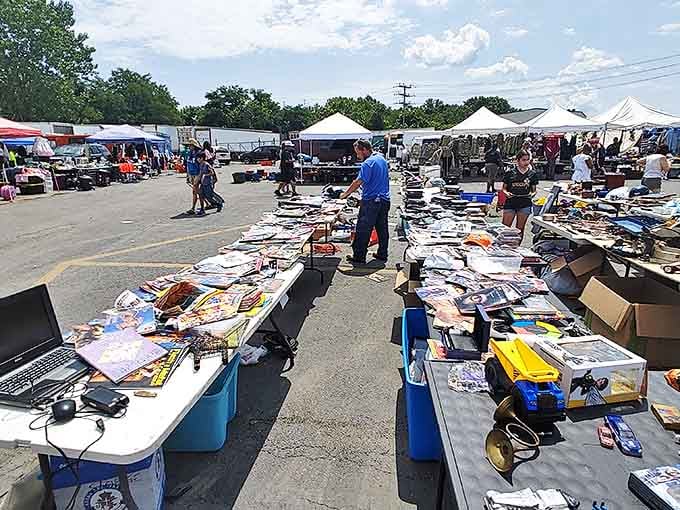 Treasure hunters browse outdoor tables laden with collectibles, books, and memorabilia under Maryland's summer sky—each item waiting to tell its story.