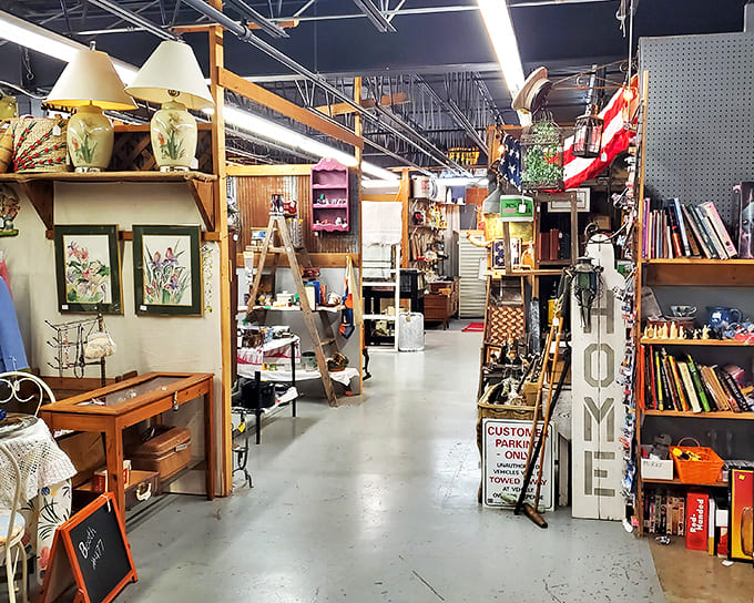 Treasure hunting paradise! Aisles of possibility stretch before you at Camp Flea, where yesterday's treasures await today's collectors.