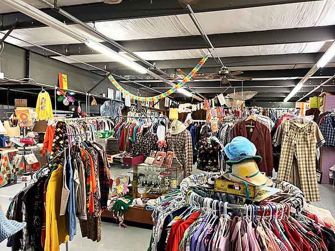 Vintage clothing paradise! Racks upon racks of colorful garments where fashion time travelers can discover everything from 70s polyester to authentic Western wear.