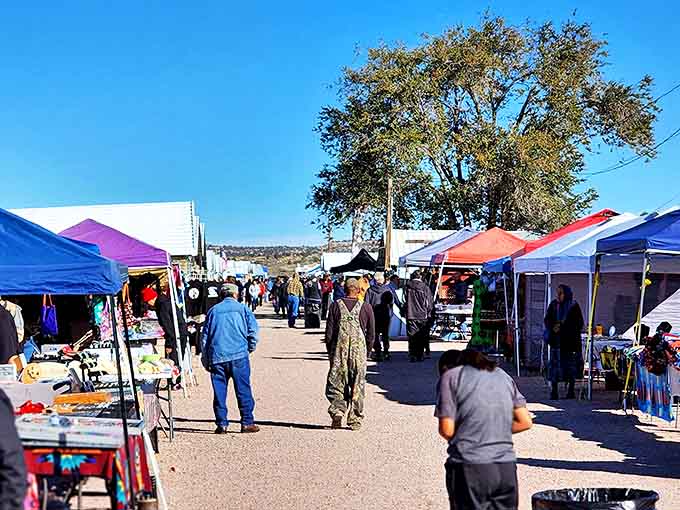 Blue skies provide the perfect canopy for this Saturday ritual where bargain hunters weave between stalls like seasoned prospectors.