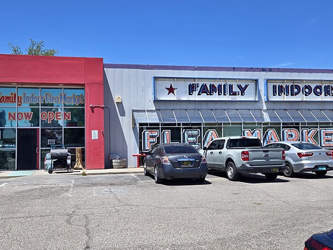 The unassuming exterior of Family Indoor Flea Market &ndash; where treasure hunting dreams come true without the sunburn tax that outdoor markets charge.