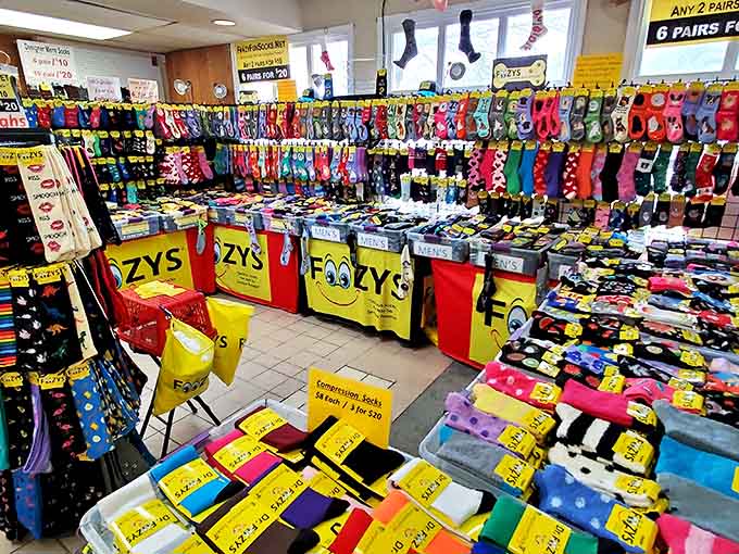 The legendary sock vendor's explosion of colors and patterns proves the article's point—you can never have too many socks!