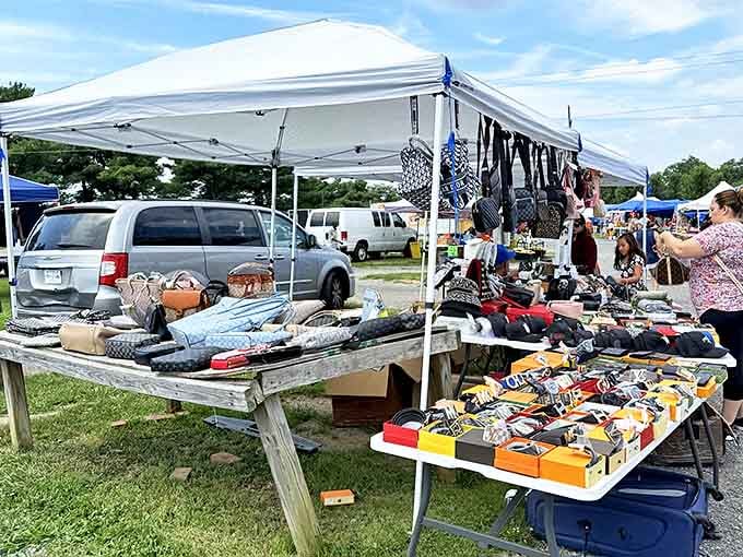 Treasure hunting begins under white canopy tents, where everyday objects transform into must-have finds. The thrill of discovery awaits!
