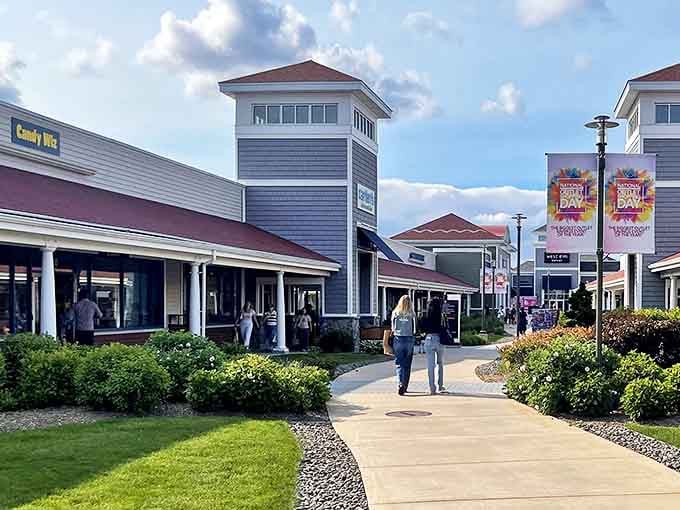 The New England-inspired architecture creates a shopping atmosphere that's less "mall madness" and more "charming day trip with credit card consequences."