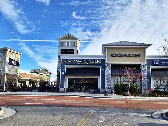 Coach and Banana Republic stand shoulder-to-shoulder like old friends conspiring to empty your wallet delightfully.