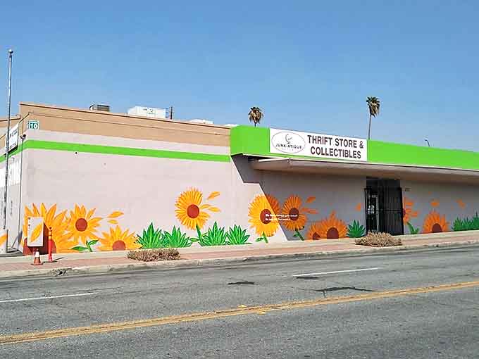 The cheerful sunflower mural outside Junk-Atique isn't just decoration&mdash;it's a promise of the bright treasures waiting inside this Bakersfield bargain paradise.