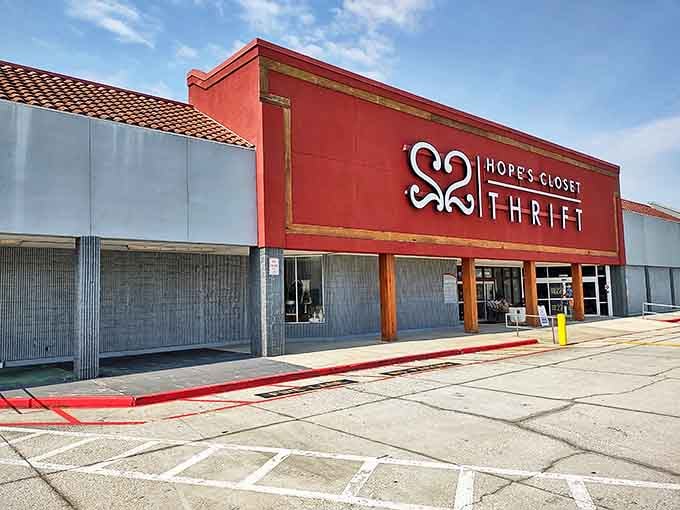 The burgundy storefront of Hope's Closet stands like a beacon for bargain hunters, promising treasures behind its welcoming glass doors.