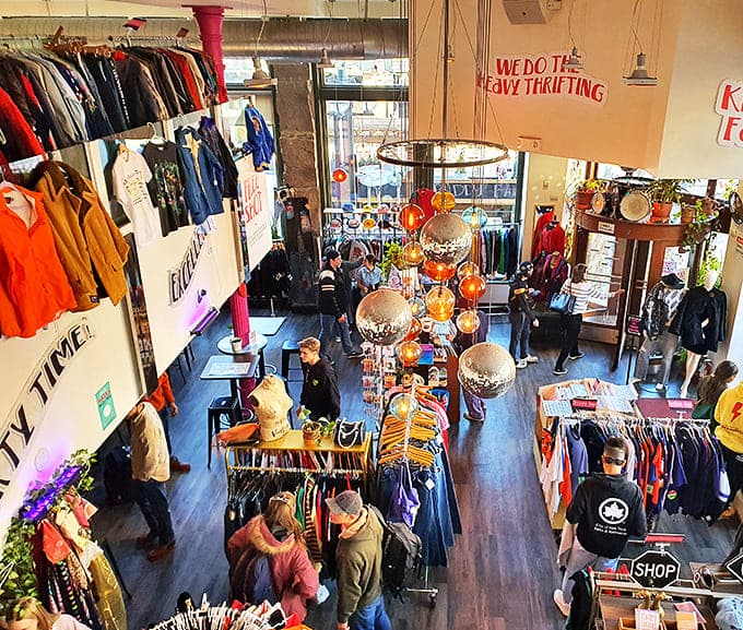 A treasure hunter's paradise where disco balls dangle above racks of history. "We do the heavy thrifting" isn't just a slogan&mdash;it's a promise.