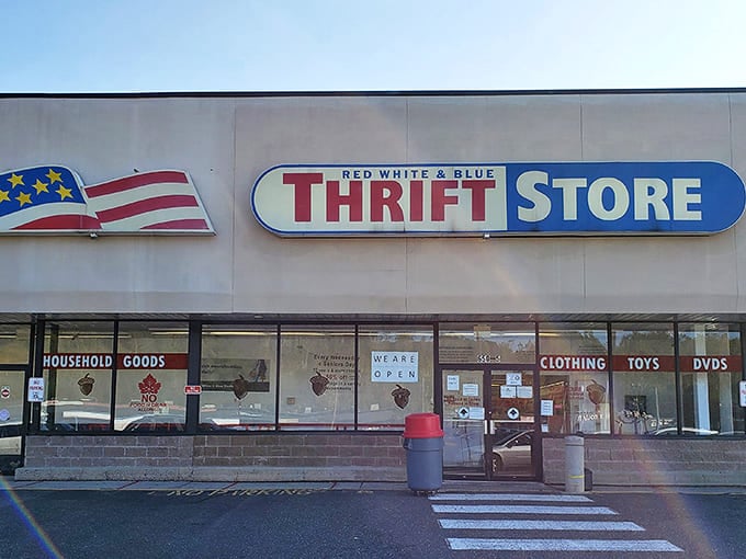 Like a patriotic beacon for bargain hunters, the storefront proudly displays its categories—a roadmap to the wonderland of secondhand treasures waiting inside.