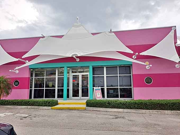 Miami Vice meets thrift store paradise! Out of the Closet's unmistakable turquoise and pink exterior stands out like a fashionable flamingo on Federal Highway.