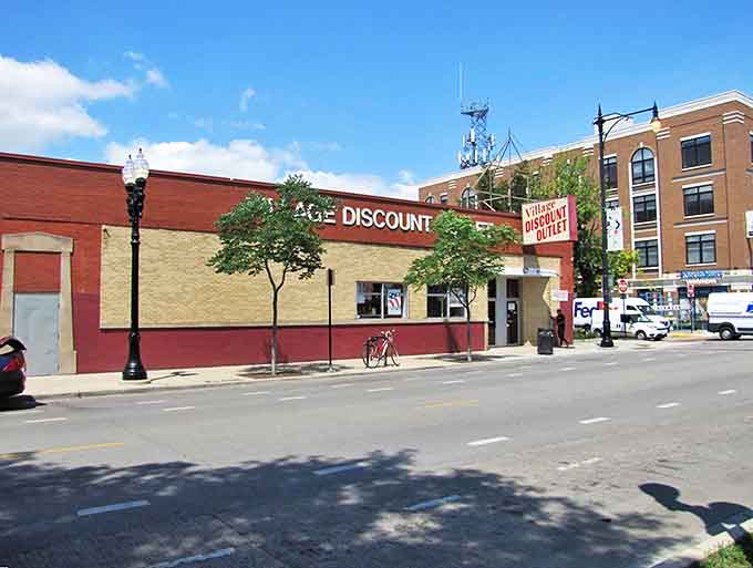 The corner view reveals the store's practical charm &ndash; accessible by foot, bike, or public transit for treasure hunters from all walks of life.