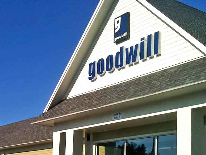 1. The iconic blue Goodwill sign welcomes bargain hunters to this treasure trove of secondhand delights in Augusta, where thrifting dreams come true.