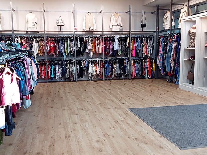 The store's modern layout features warm wood flooring and meticulously arranged clothing sections, making treasure hunting both pleasant and efficient.