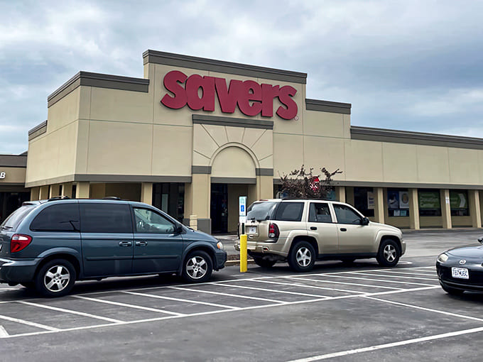 The iconic red Savers sign beckons like a lighthouse for bargain hunters. Behind these doors, retail therapy meets treasure hunting in suburban Missouri.