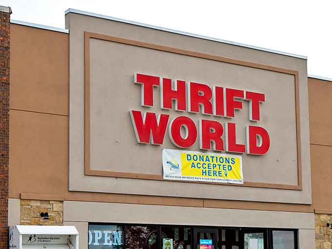 The bold red letters of Thrift World beckon like a siren song to bargain hunters across Nebraska. Resistance is futile!