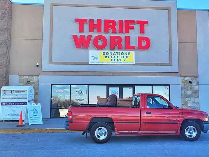 A pickup truck delivers new donations to Thrift World's drop-off area, keeping the treasure hunt fresh for Nebraska's bargain seekers.