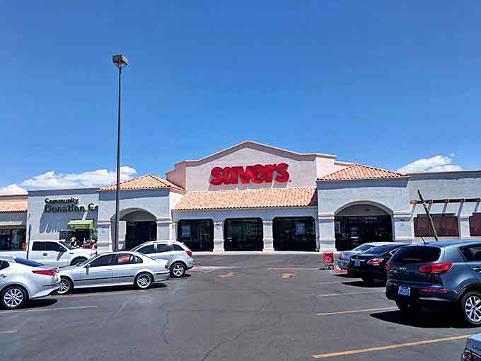 Under the bright Nevada sky, Savers' distinctive red sign beckons bargain hunters to this community donation center.