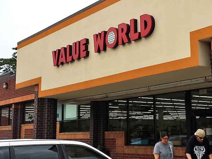 Where thrift dreams come true! Value World's distinctive orange trim and bold signage promise adventures in secondhand shopping that big-box stores simply can't deliver.