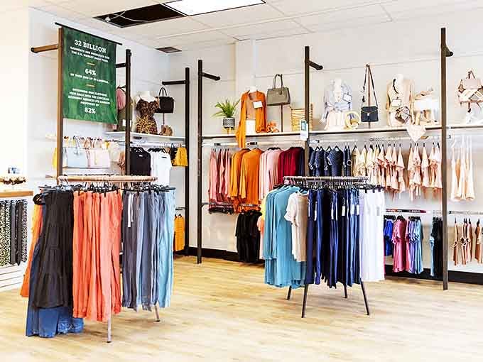 Color-coordinated racks create a boutique feel without the boutique prices. This isn't your grandmother's thrift store&mdash;it's fashion's second chance at love.