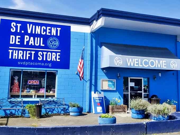 The vibrant blue exterior and welcoming awning have become a beacon for thrift enthusiasts traveling from across Washington state.