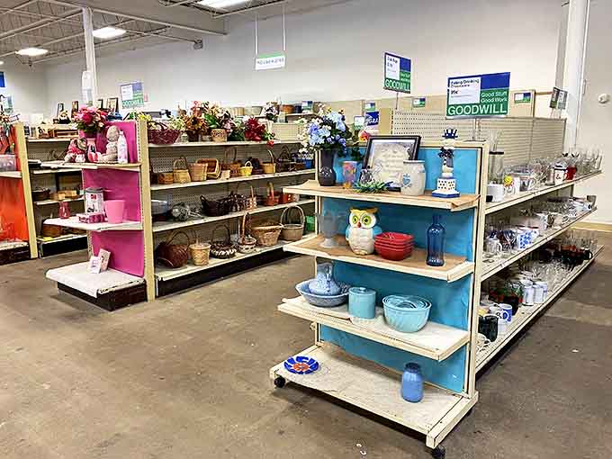 Colorful home decor treasures await discovery, from owl figurines to vintage-inspired baskets and decorative bowls.