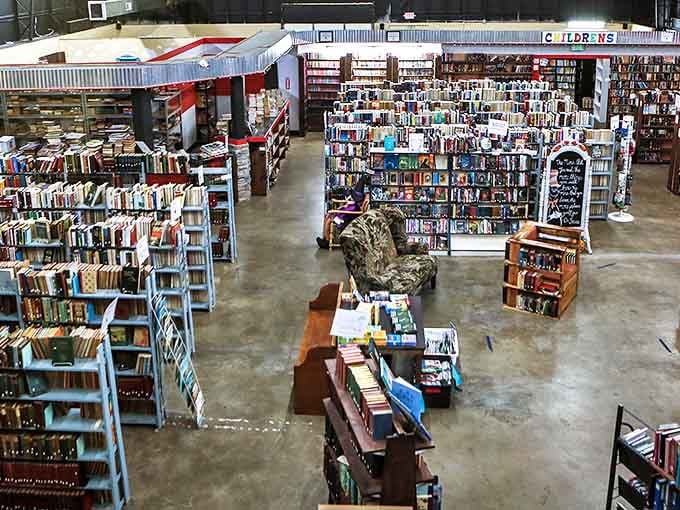 A bird's-eye view of the bookstore reveals a labyrinth of shelves where literary treasures await discovery around every corner.